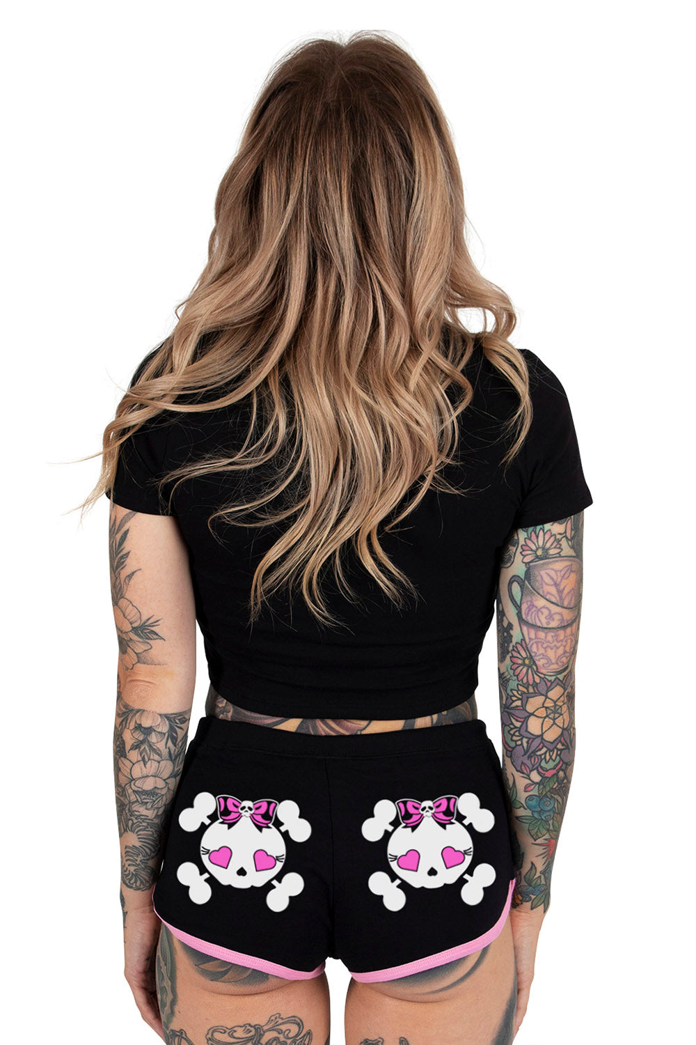 Heart Eyed Girly Skull Black Short Shorts [Pink Trim] – VampireFreaks