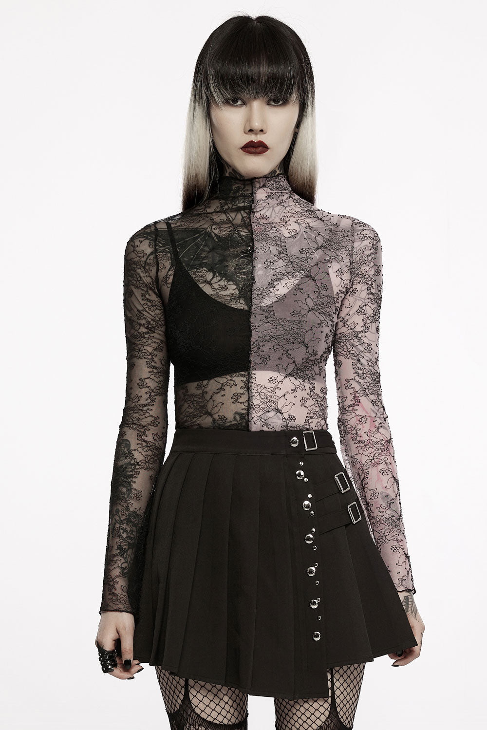 Pink Stitches Mismatched Mesh Top [BLACK/PINK] – VampireFreaks